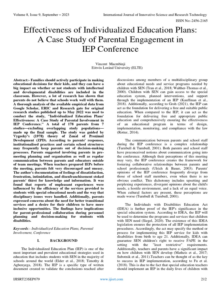Effectiveness of Individualized Education Plans: A Case Study of Parental Engagement in IEP ...