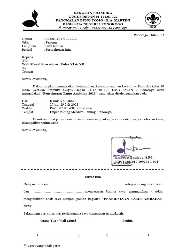 Surat Izin Panitia Pta 2023 | PDF