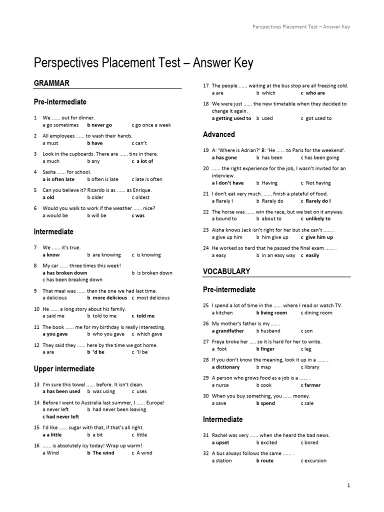 Perspectives Placement Test Answer Key | PDF | Communication | Mass Media