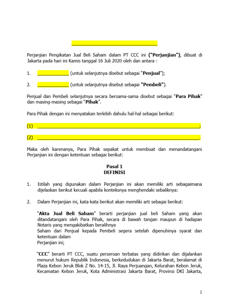 Format Latihan Penyusunan Perjanjian Pengikatan Jual Beli Saham PT CCC ... Format Latihan Penyusunan Perjanjian Pengikatan Jual Beli Saham PT CCC ...