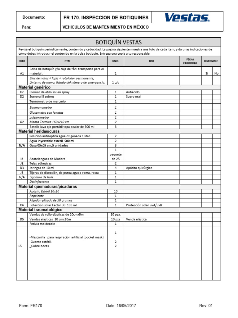FR170 Inspeccion Botiquin Básico | PDF | Materiales | Química