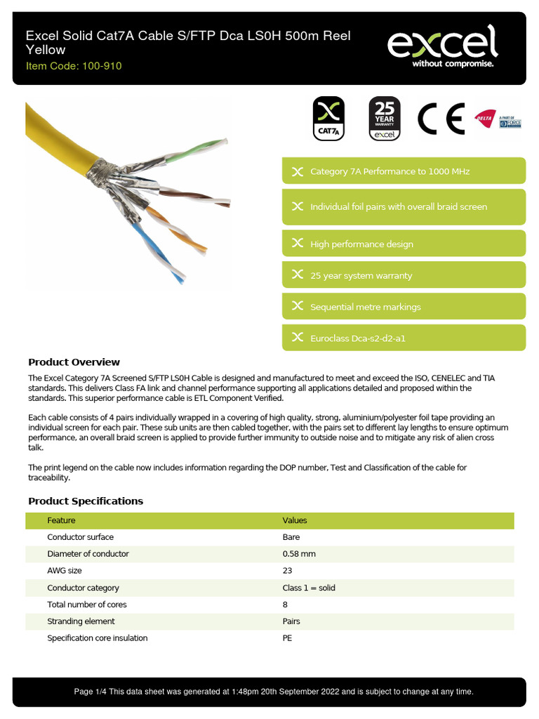 Excel Solid Cat7A Cable S/FTP Dca LS0H 500m Reel Yellow: Item Code: 100 ...