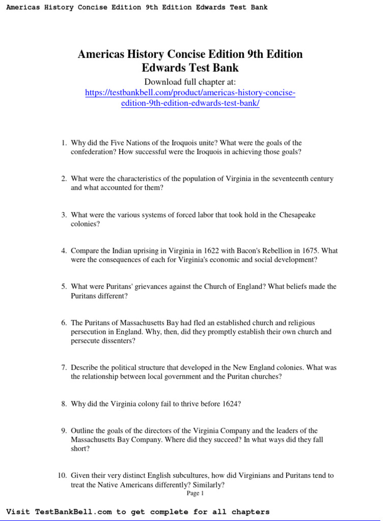 Americas History Concise Edition 9th Edition Edwards Test Bank ...