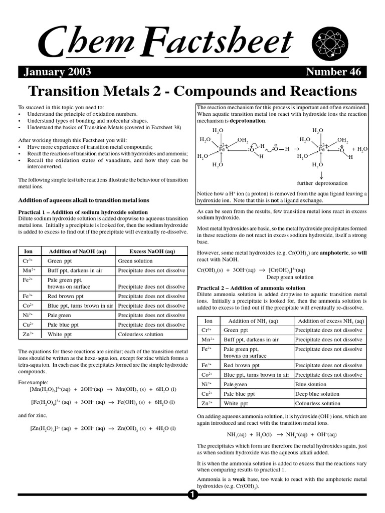 046 Transition Metals 2 No Answer Chen Fact Sheet | PDF | Hydroxide | Precipitation (Chemistry)