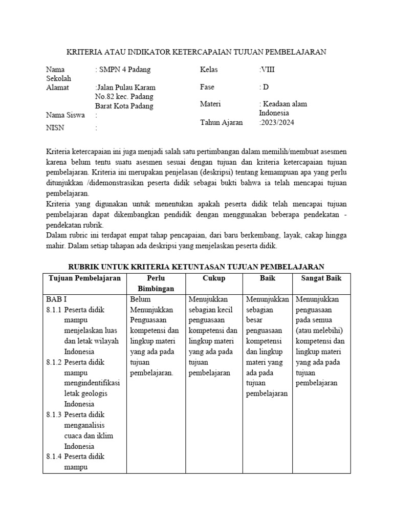 Kriteria Atau Indikator Ketercapaian Tujuan Pembelajaran Ips SMP 4 ...