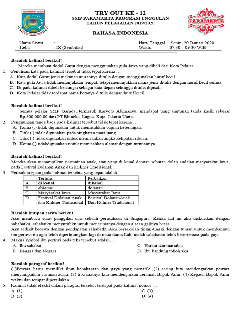 Soal To 12 Bindo | PDF