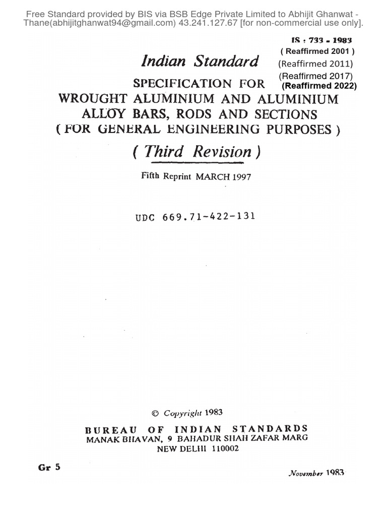 Is 733 - 1983 - Spec - Alu. & Alu. Alloy Bars, Sections | PDF