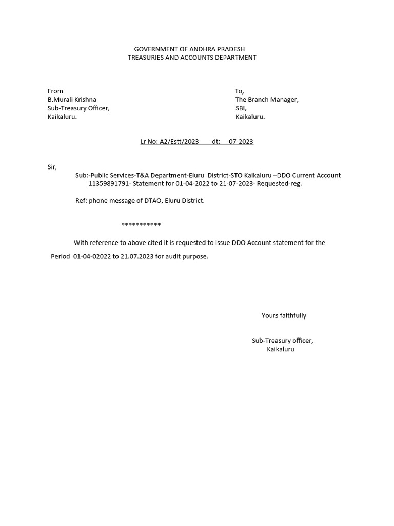 DDO Account Statement Request: Kaikaluru | PDF