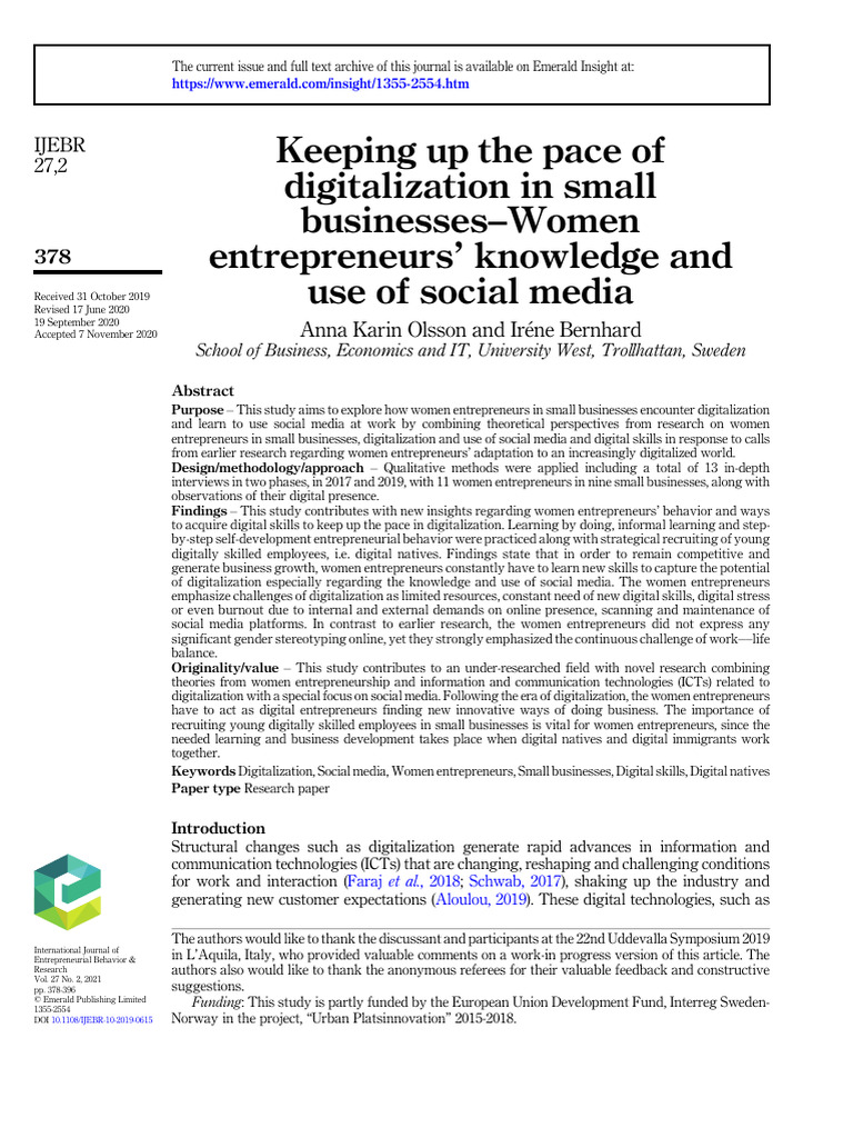 Keeping Up The Pace of Digitalization in Small Businesses-Women Entrepreneurs' Knowledge and Use ...