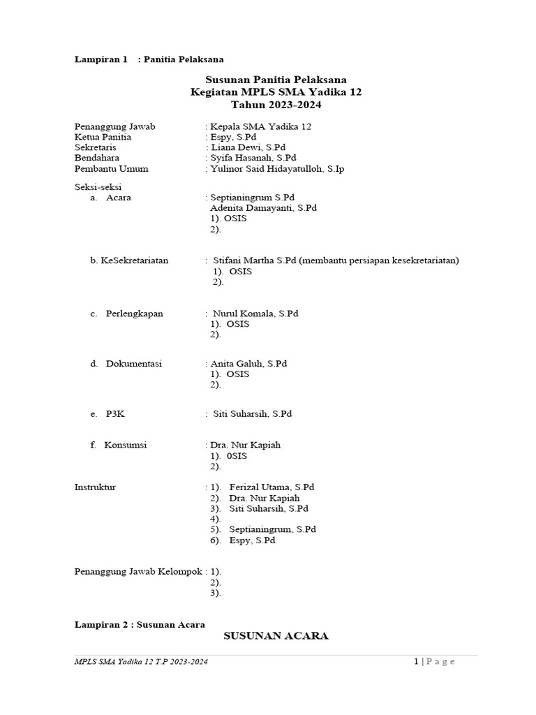 Susunan Acara Dan Kepanitiaan MPLS 2324 | PDF