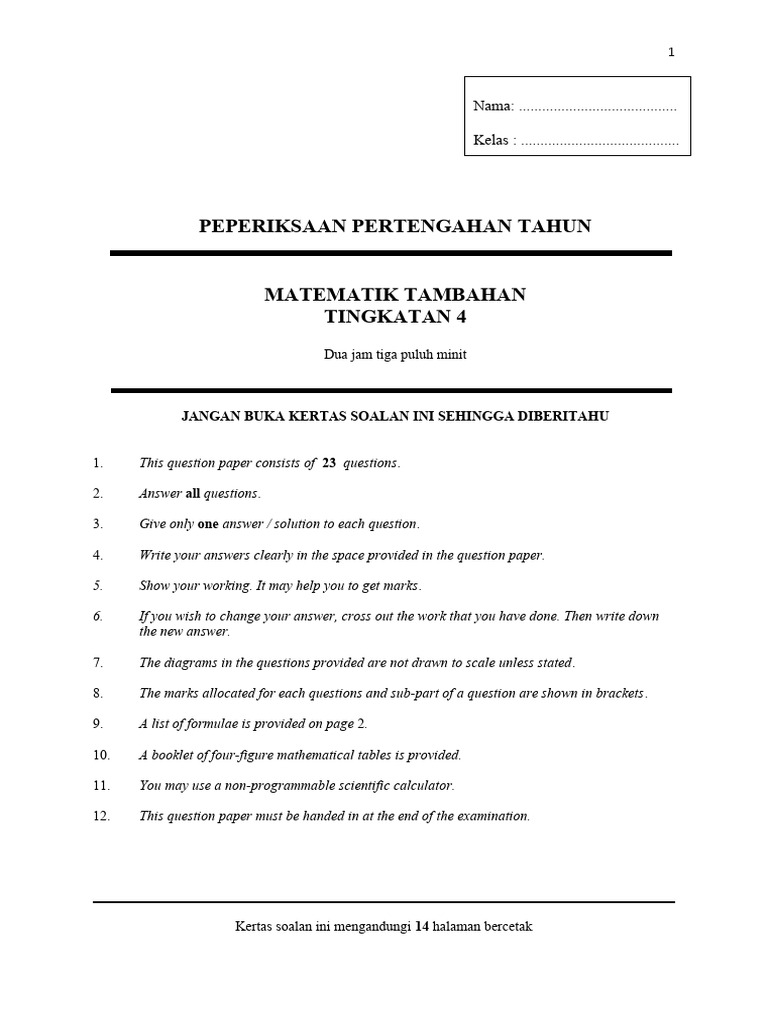 Soalan Ujian Dalam PDPR Add Math 2021 | PDF | Quadratic Equation | Equations