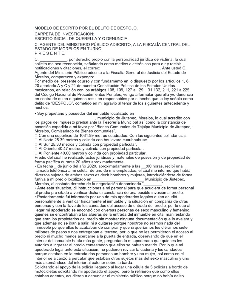 Modelo de Escrito Por El Delito de Despojo | PDF | Queja | Ley Pública