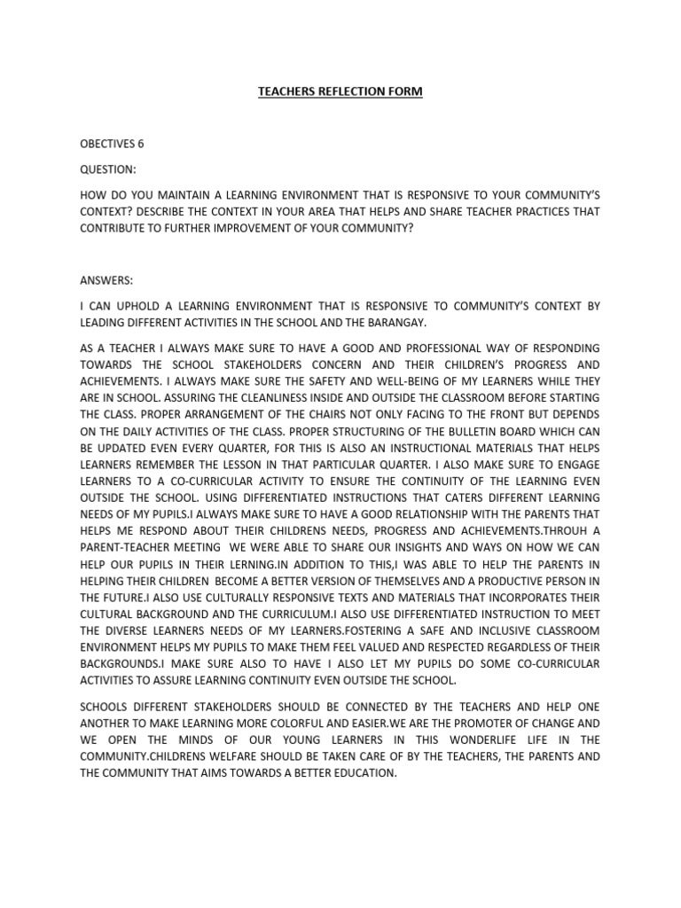 Teachers Reflection Form | PDF | Teachers | Learning