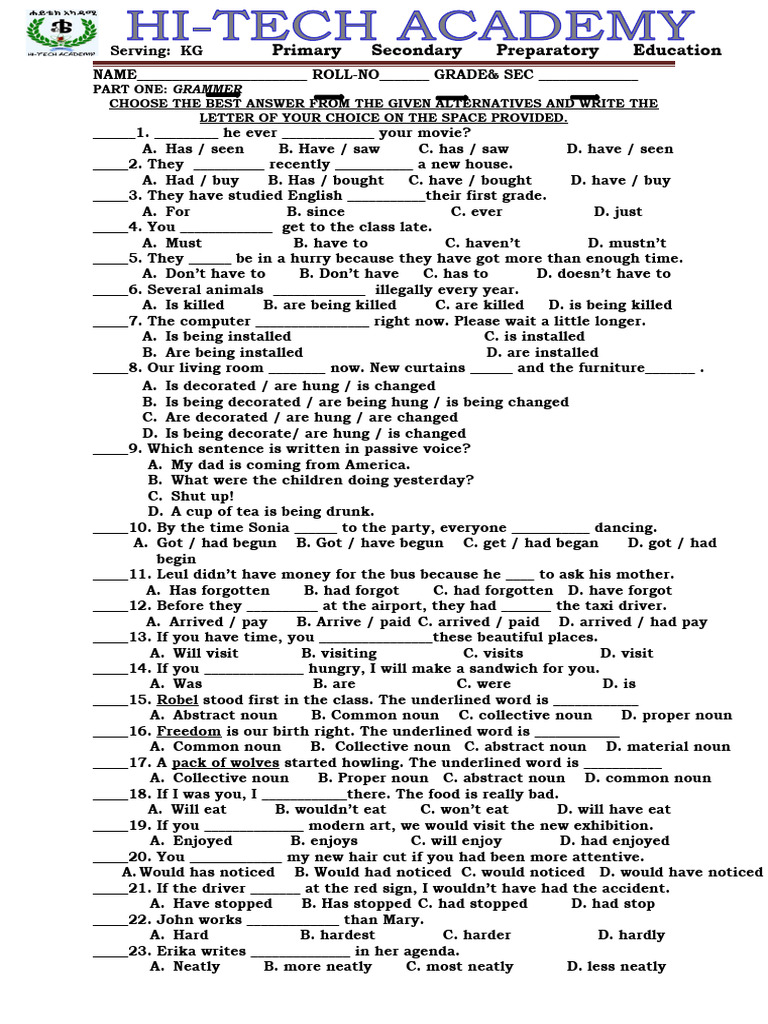 Grade 6 English Exam: Grammar & Comprehension | PDF | International ...