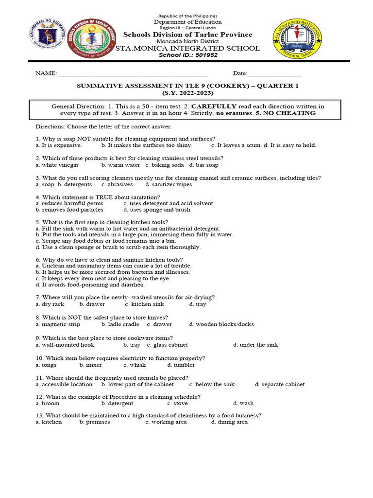 TLE 9 Cookery Summative Assessment | PDF | Kitchen Utensil | Food And ...