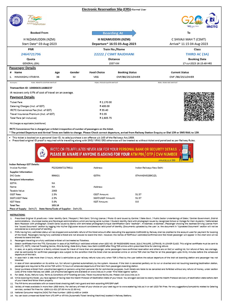 CSMT Rajdhani Third Ac (3A) | PDF | Identity Document