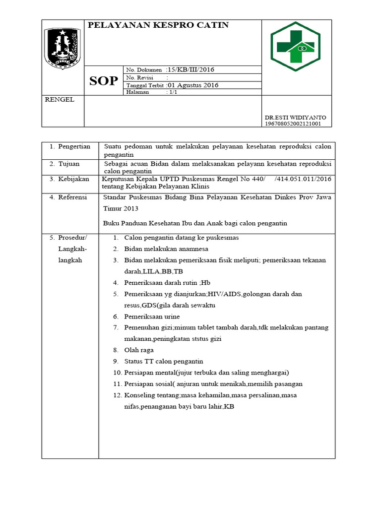 Sop Pelayanan Kespro Catin | PDF