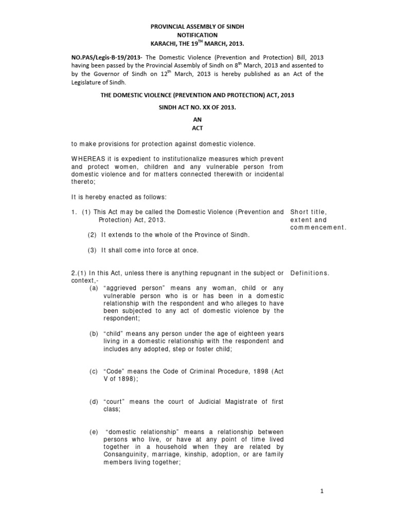 Sindh Domestic Violence Act 2013 | PDF | Psychological Abuse ...