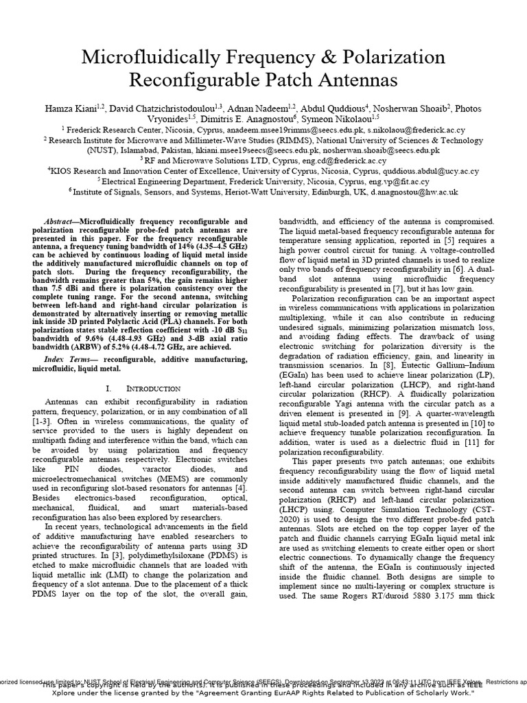Microfluidically Frequency Amp Polarization Reconfigurable Patch