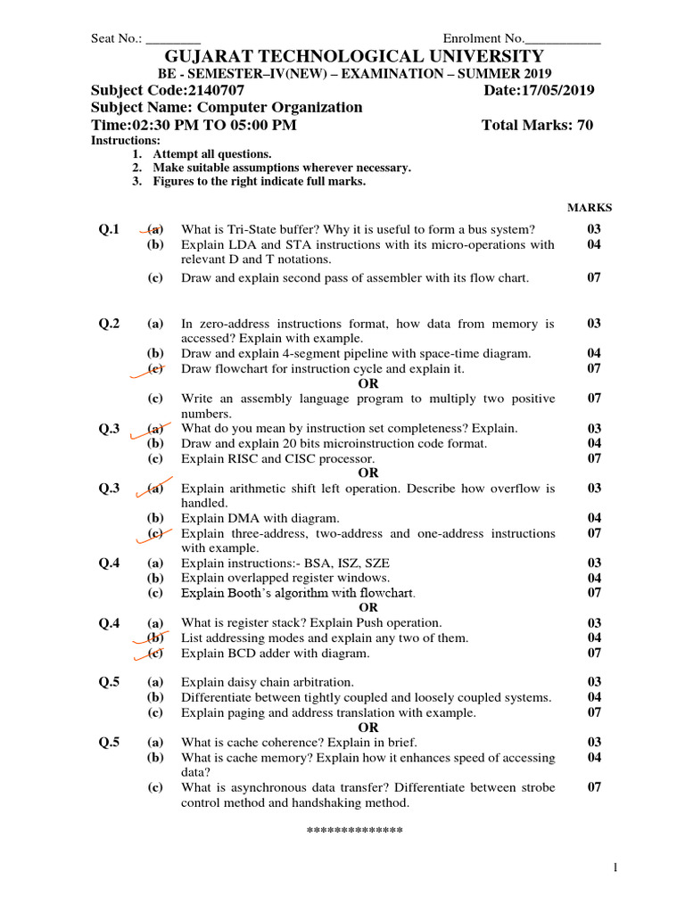 Computer Organization Exam Paper 2019 | PDF
