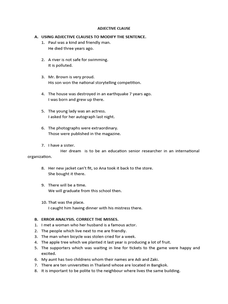 Grade 11TH - Adjective Clause Exercise | PDF