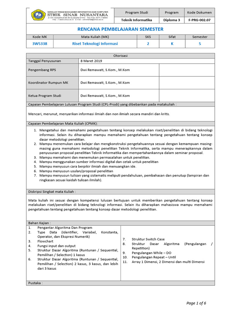 RPS Riset Teknologi Informasi | PDF