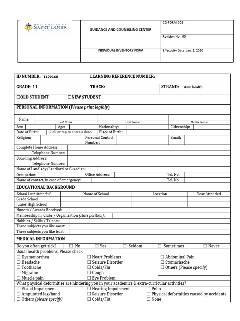 Student Individual Inventory Form | PDF