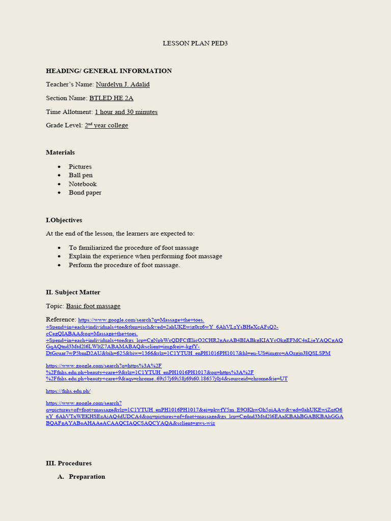 LESSON PLAN PED3 Nur | PDF | Hand | Foot