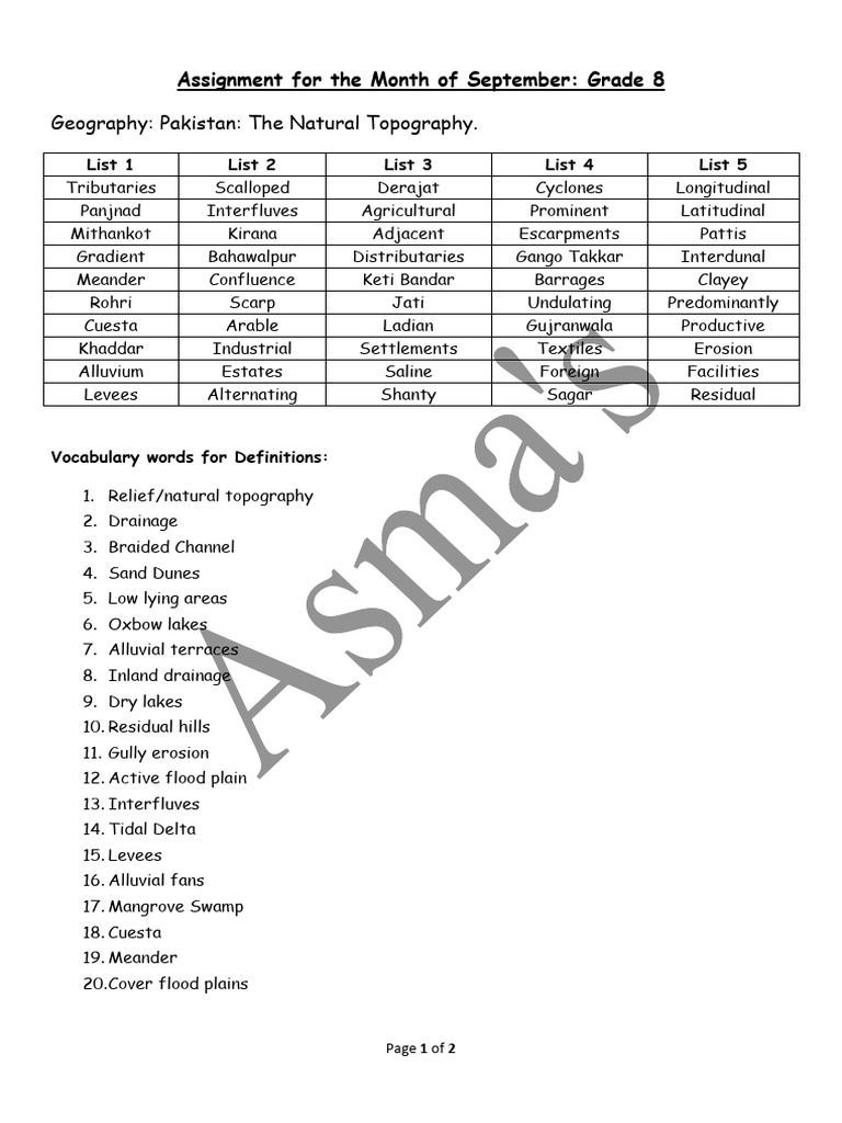 Assignment For The Month of September: Grade 8: Geography: Pakistan ...