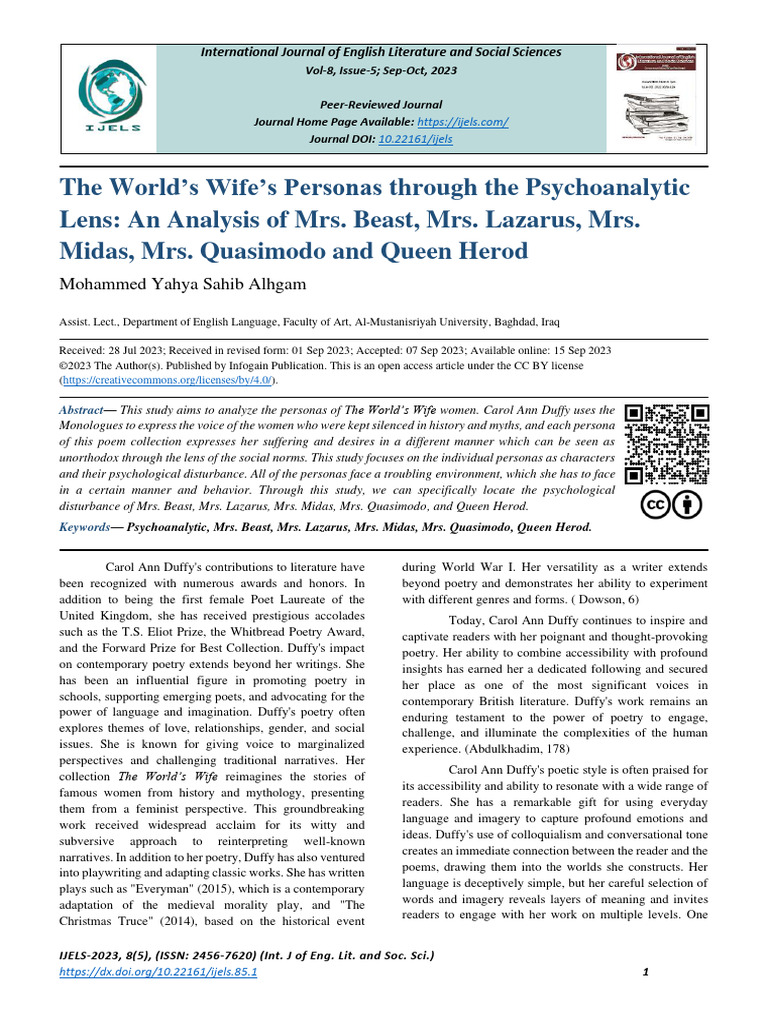 The World's Wife's Personas Through The Psychoanalytic Lens: An ...