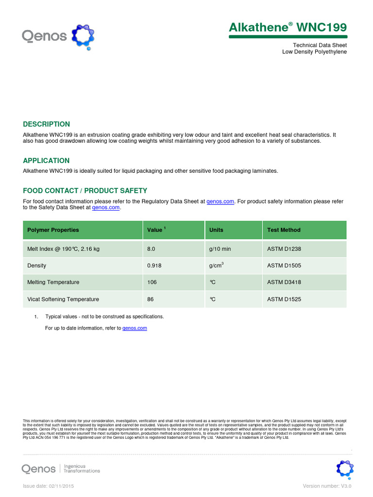 Alkathene WNC199 | PDF | Packaging And Labeling | Density