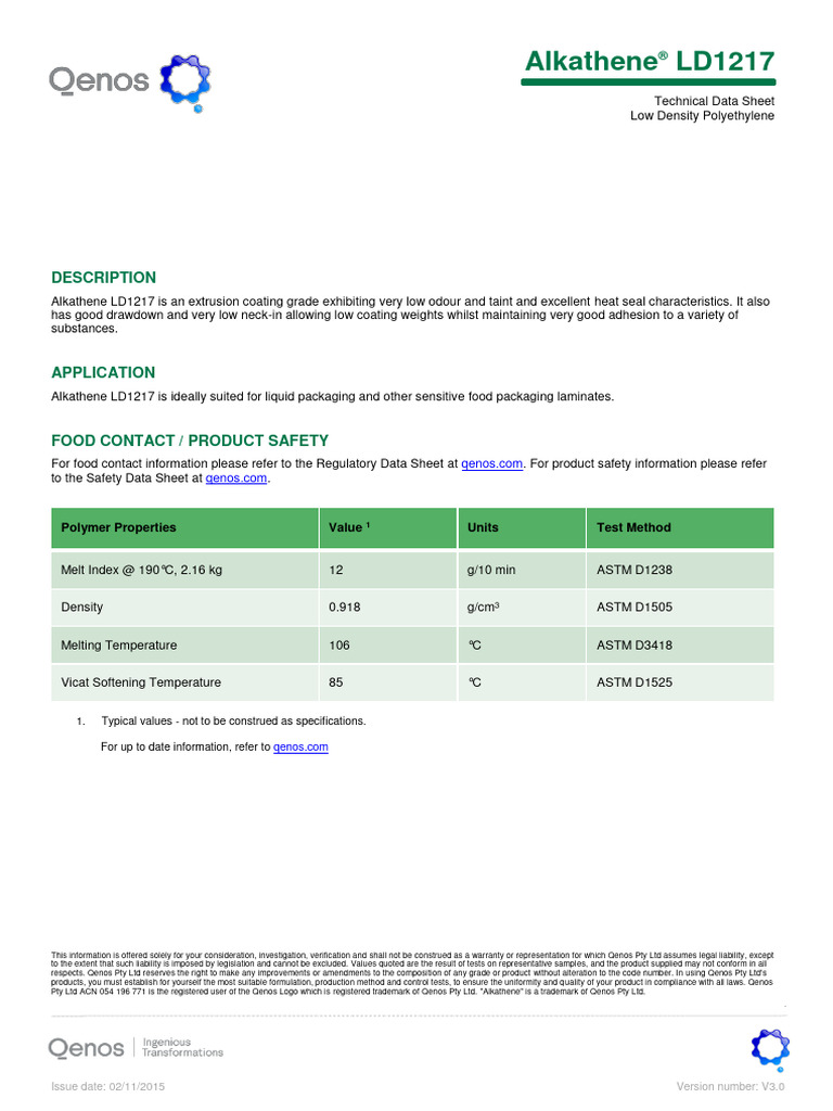 Alkathene LD 1217 | PDF | Density | Packaging And Labeling