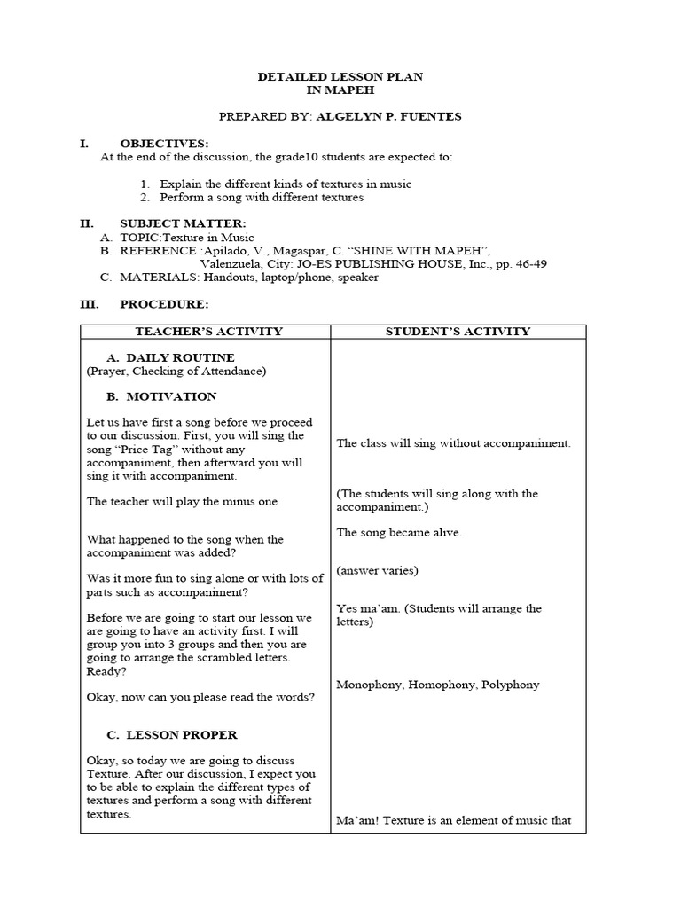 FINAL LESSON PLAN For DEMO | PDF | Performing Arts | Musical Compositions