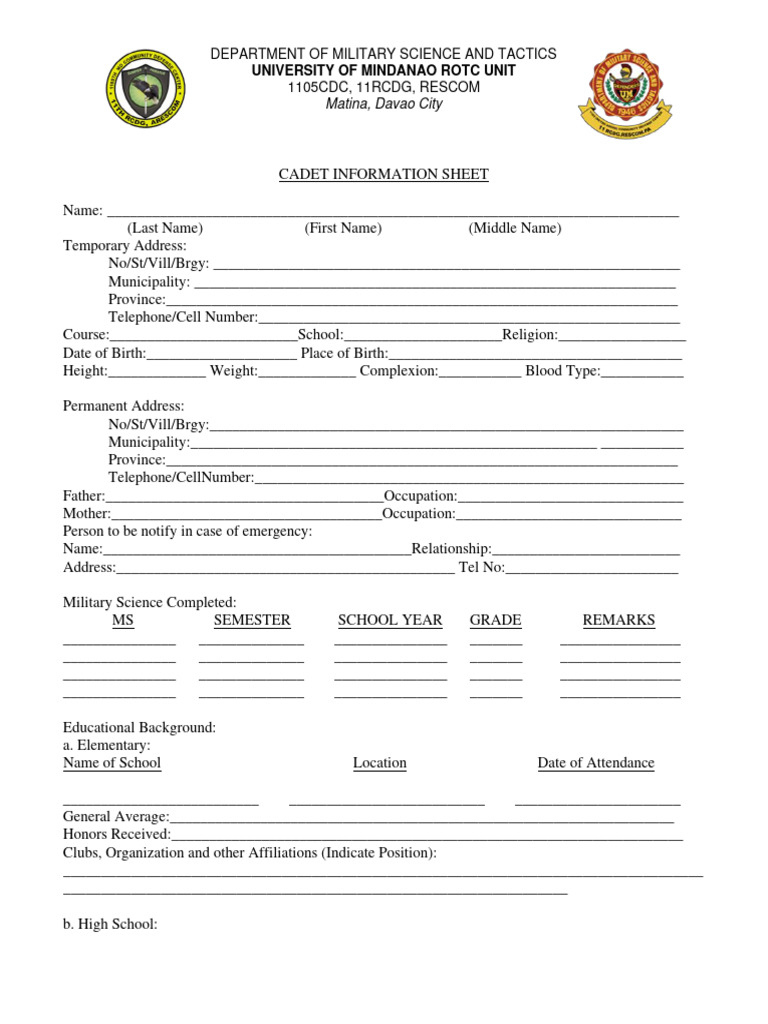 Cadet Information Sheet | PDF