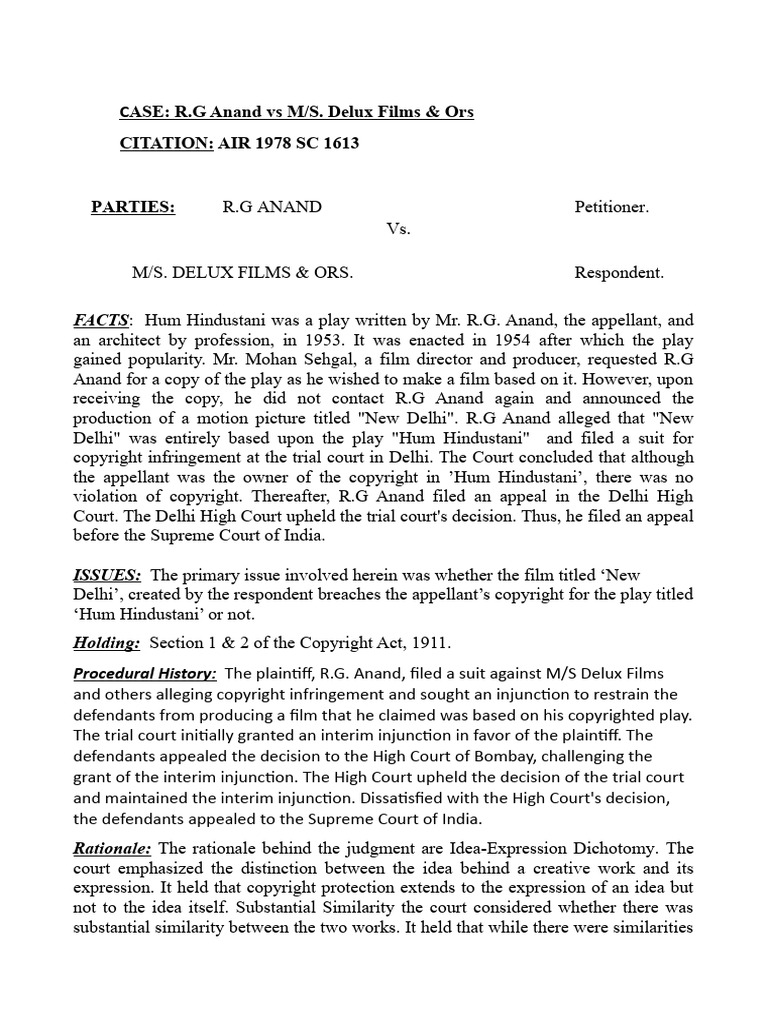 R.G Anand Vs M S. Delux Films & Ors | PDF | Justice | Crime & Violence
