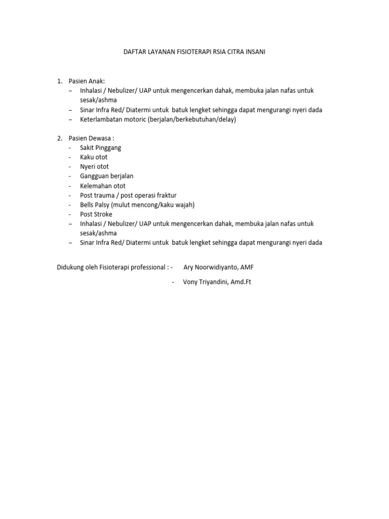 Daftar Layanan Fisioterapi Rsia Citra Insani Untuk Bidan Dan Klinik ...