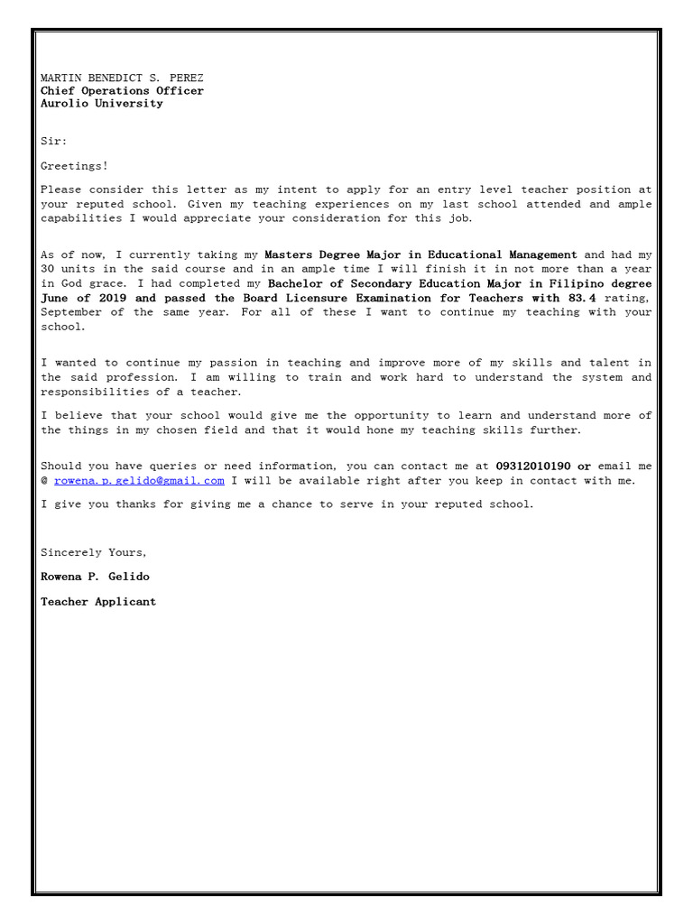 Entry-Level Teacher Application Letter | PDF