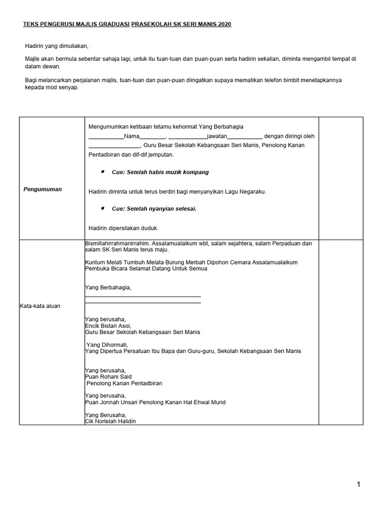 TEKS Pengacara Majlis Graduasi Prasekolah | PDF