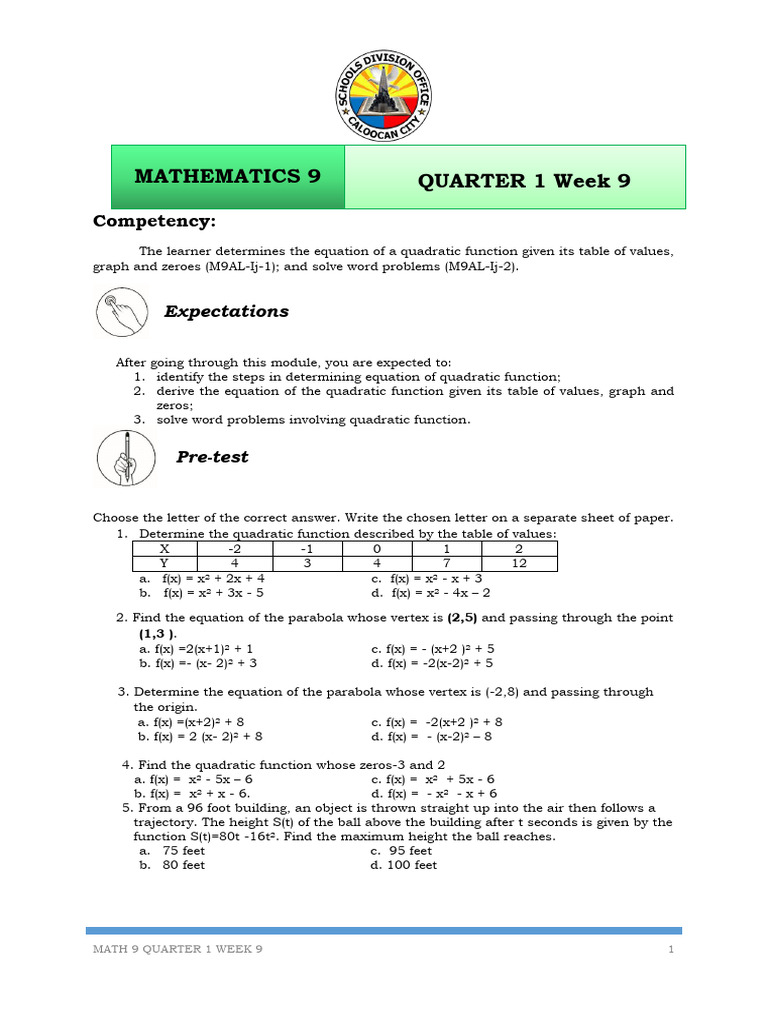 Math 9 Q1 Week 9 | PDF | Quadratic Equation | Equations