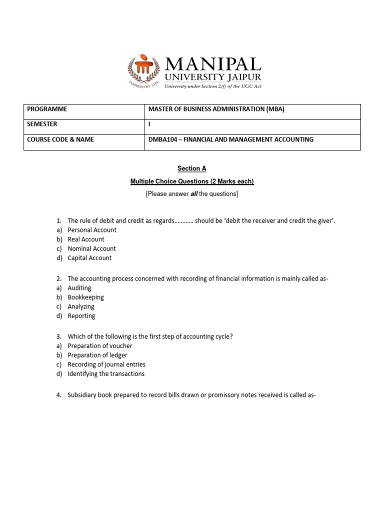 MQP_ MBA_Sem1_Financial and Management Accounting (DMBA104) | PDF | Debits And Credits ...