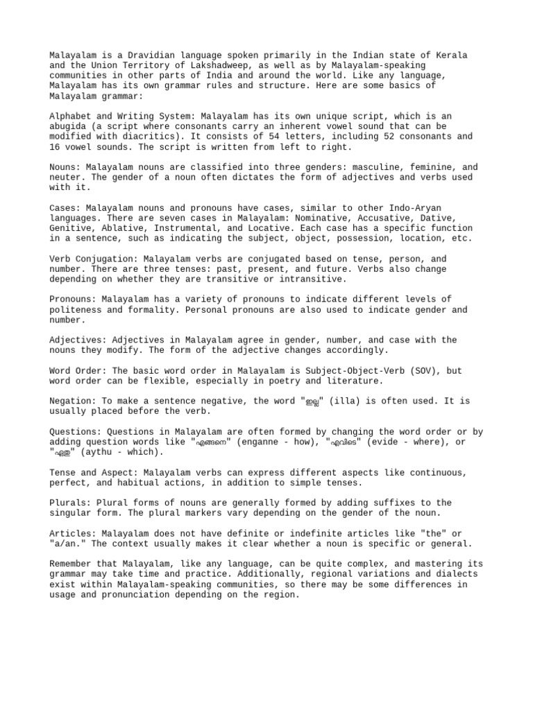 Malayalam Grammar Basics v1.0 | PDF | Grammatical Gender | Verb Malayalam Grammar Basics v1.0 | PDF | Grammatical Gender | Verb