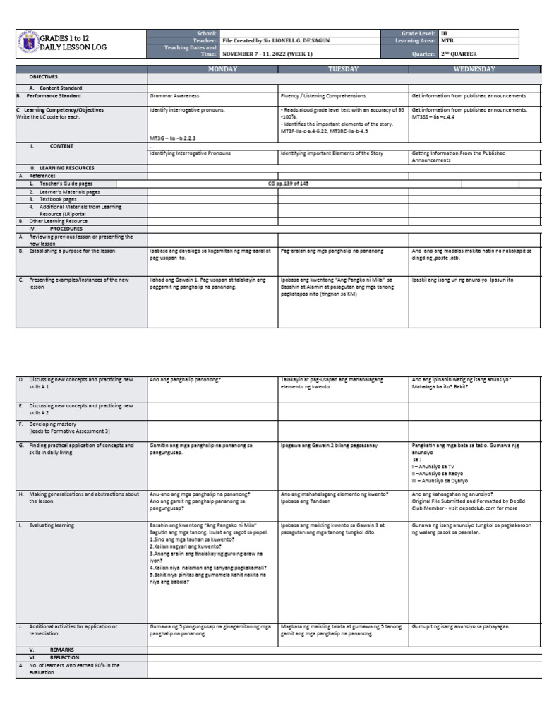 DLL - MTB 3 - Q2 - W1 | PDF