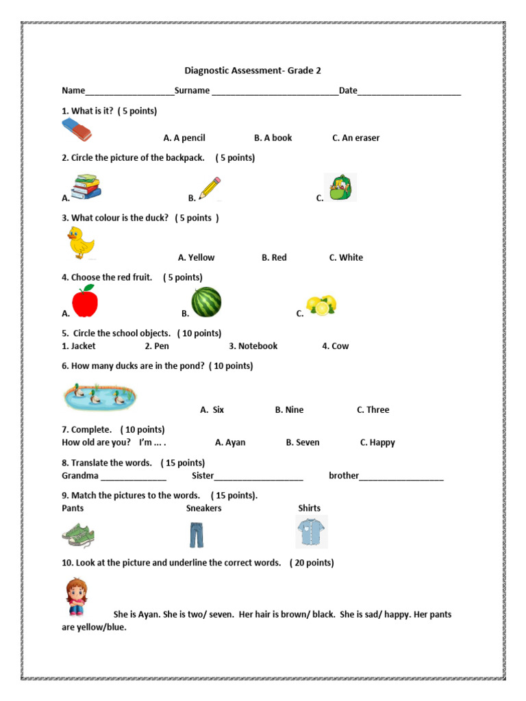 Diagnostic Assessment - Grade 2 (Gulshan Anar) | PDF