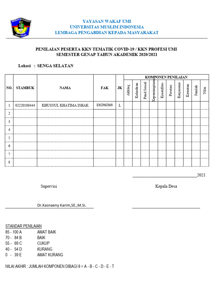 Format Nilai KKN 1 | PDF