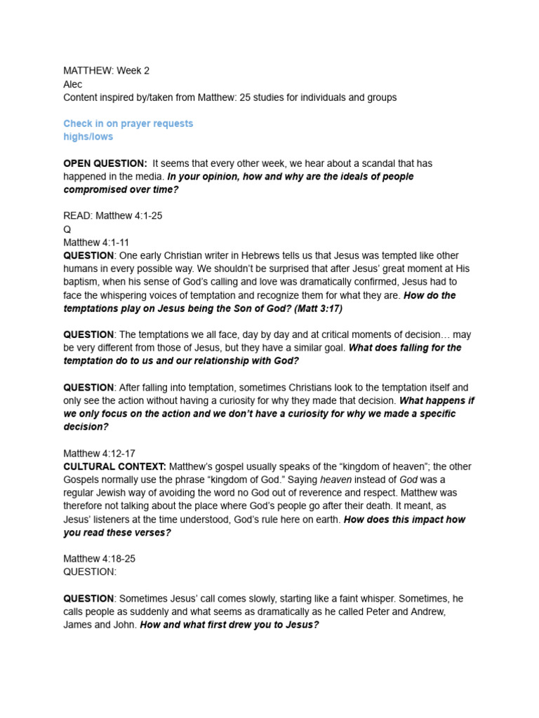 Matthew - Week 2 | PDF | Gospel Of Matthew | Jesus