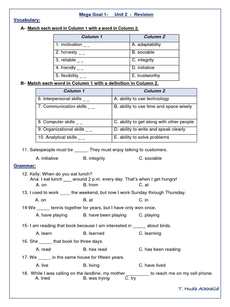 Column 1 Column 2: Mega Goal 1-Unit 2 - Revision Vocabulary | PDF