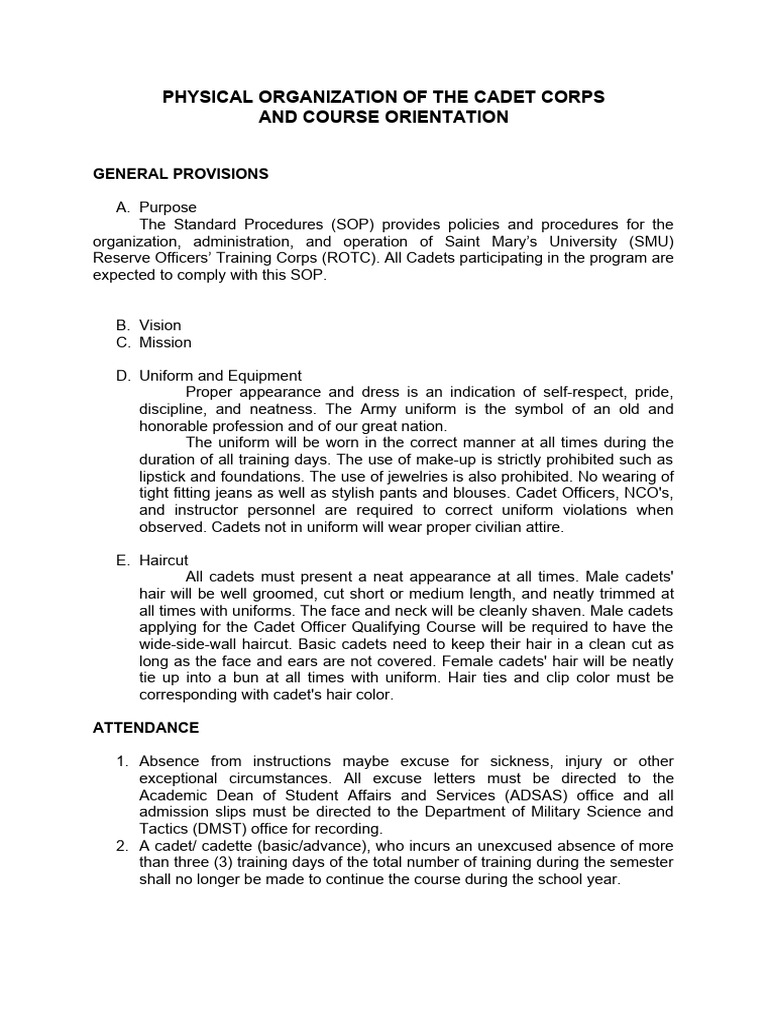 Physical Organization of The Cadet Corps and Course Orientation | PDF ...