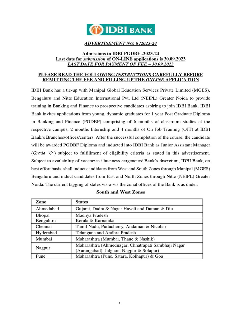 Detailed Advertisement JR Asst MGR IDBI Bank PGDBF 2023 24 | PDF | Intellectual Disability ...
