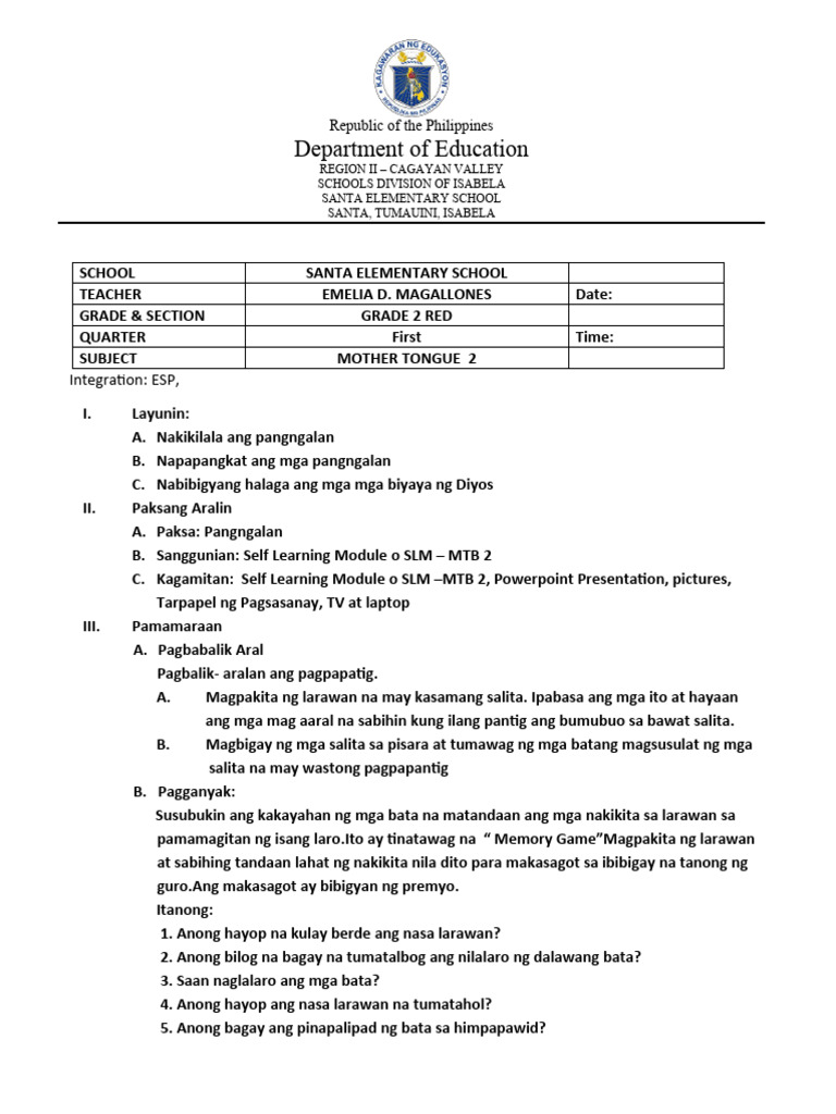COT Lesson Plan MTB 2 Q1 W 3 | PDF