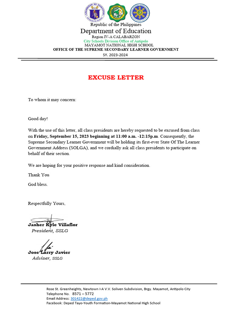 Excuse Letter for SSLG Meeting | PDF | Wellness